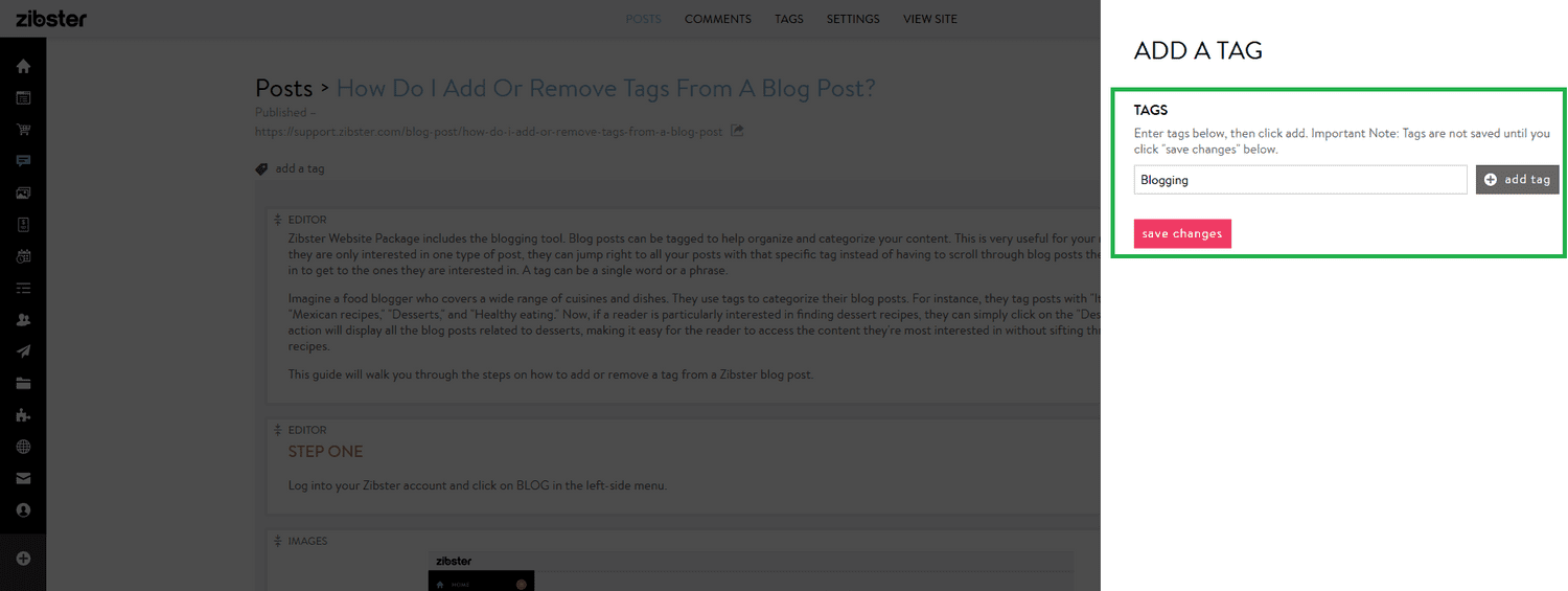 How do I add or remove tags from a blog post? - Zibster Knowledge Base